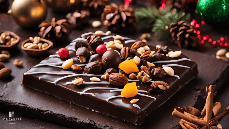 Christmas Chocolate Slab with Nuts, Dried Fruit, and White Icing Drizz ...