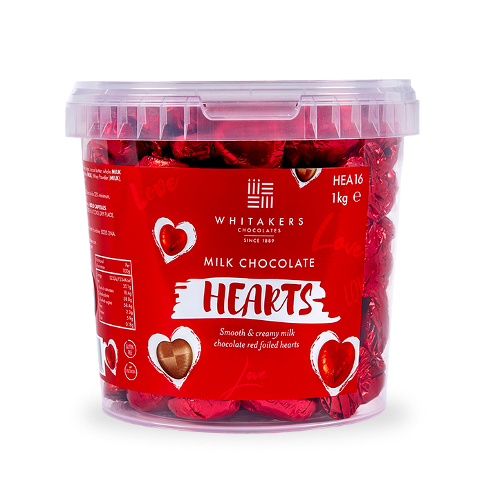 Foiled Milk Chocolate Red Hearts Tub UK – Whitakers Chocolates UK